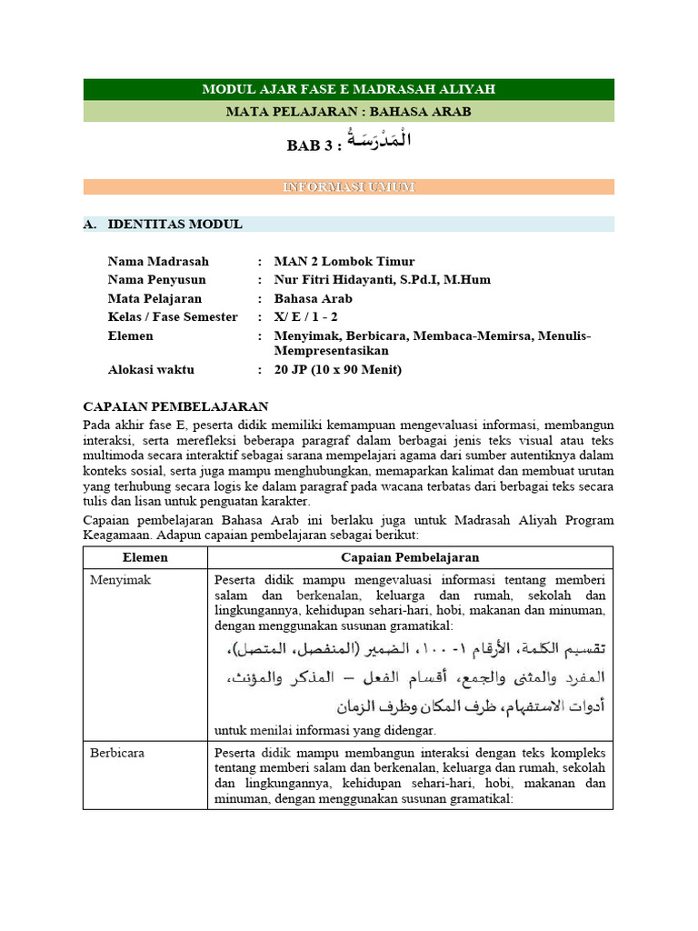 Modul Bahasa Arab 10 - Bab 3 (المدرسة) | PDF