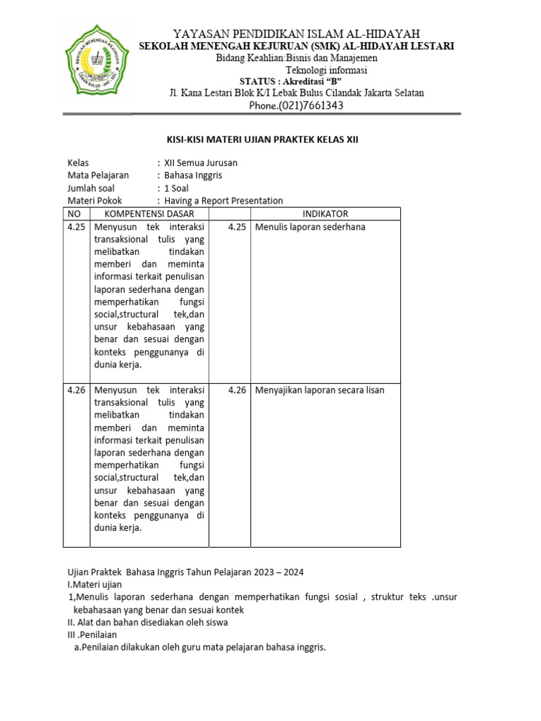 KISI KISI UJIAN PRAKTEK BAHASA INGGRIS 2023-2024 PDF | PDF