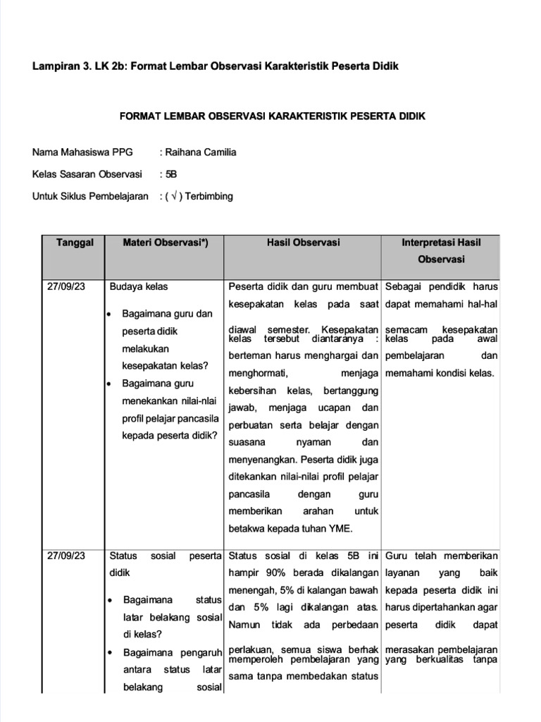 At Lembar Observasi Karakteristik Peserta Didik - Compress | PDF