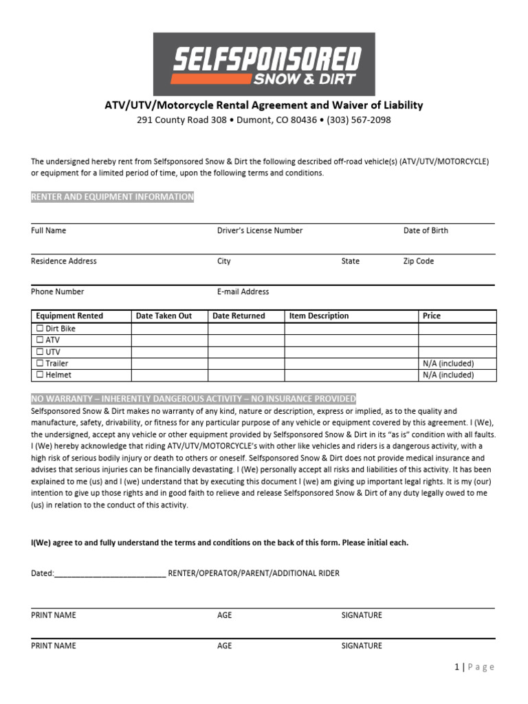 SS ATV-UTV-Motorcyle Rental Agreement and Waiver of Liability ...