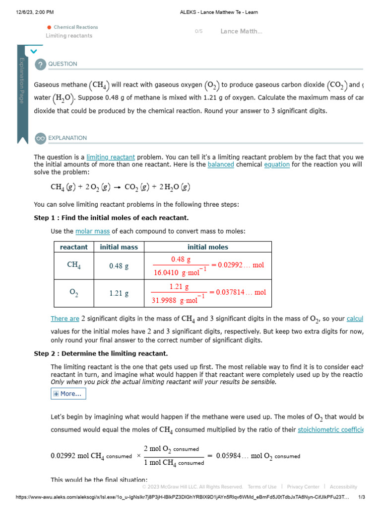 Limiting Reactant: Methane and Oxygen | PDF | Mole (Unit) | Methane