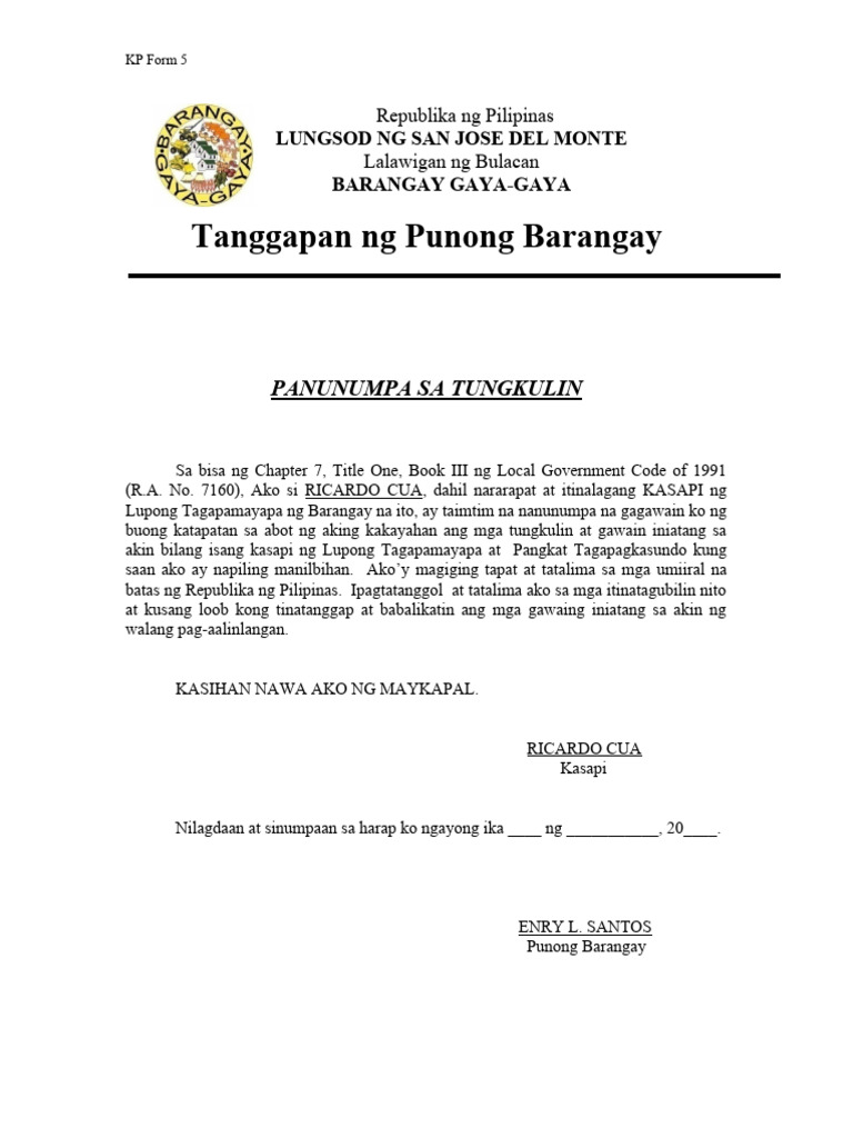 KP FORM 5 Panunumpa 1 | PDF