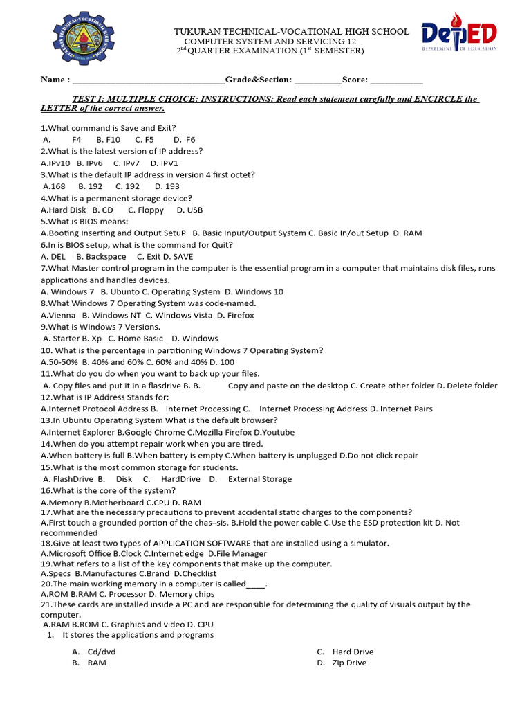 2ND Quarter Exam | PDF | Computer Network | Ip Address