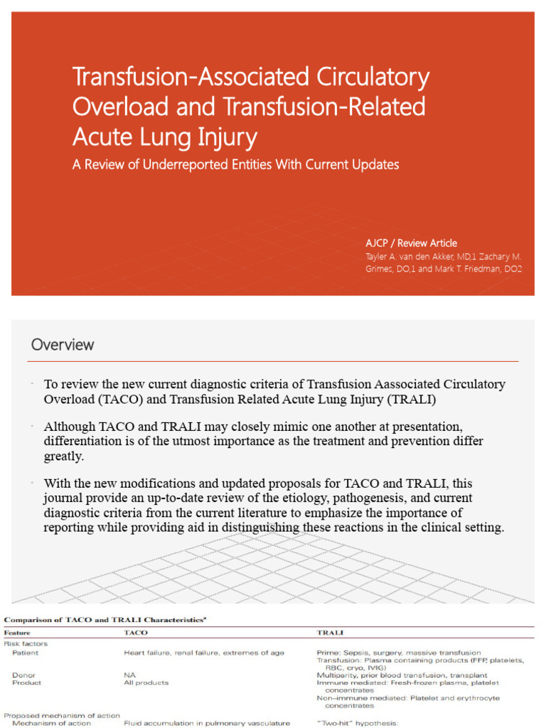 TACO and TRALI: Updated Diagnostic Criteria | PDF | Physiology ...