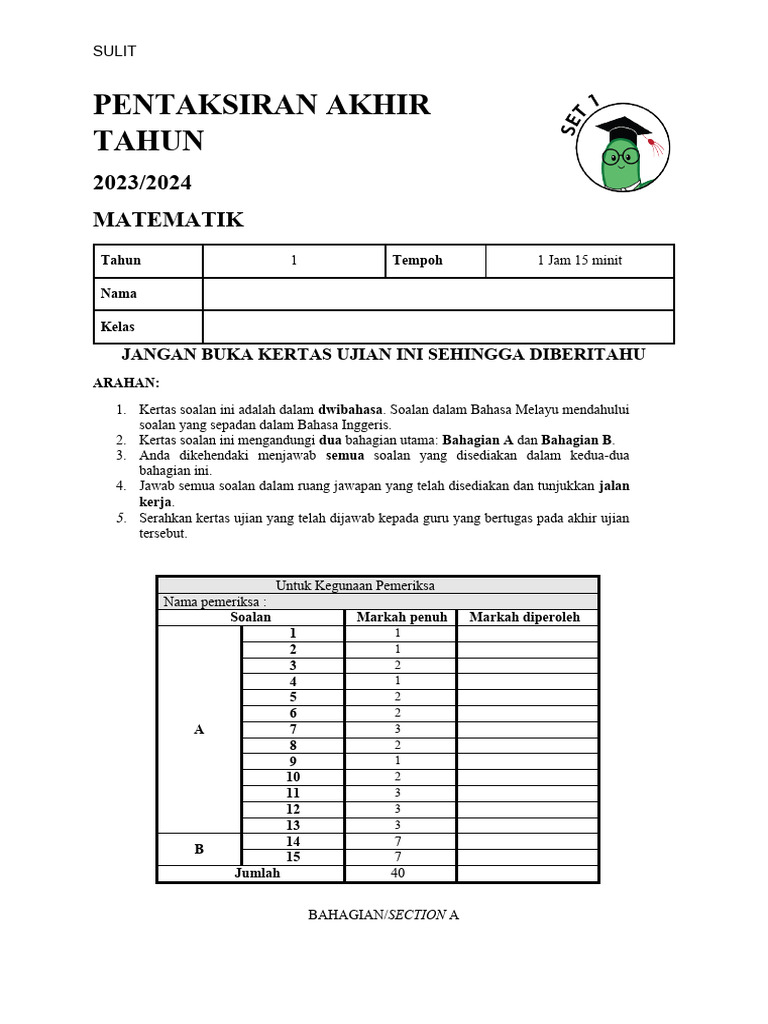 Pset 1 Tahun 1 Matematik | PDF