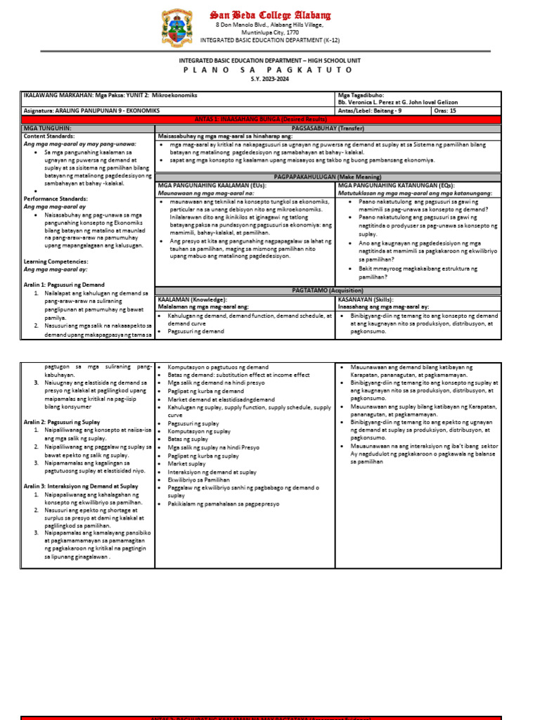 2ND QT Ap 9 Yunit Plan 2023 2024 | PDF