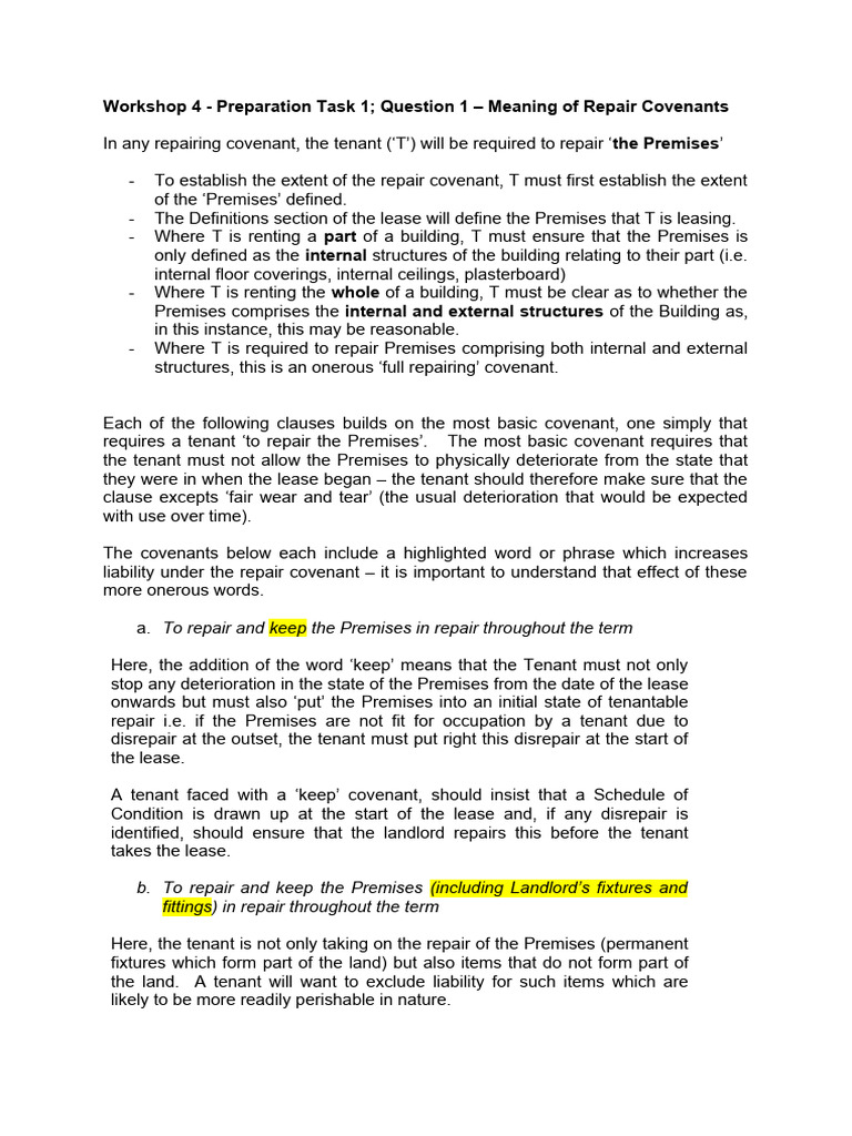 Task 1 Solution - Defining The Repair Covenant | PDF | Leasehold Estate | Lease