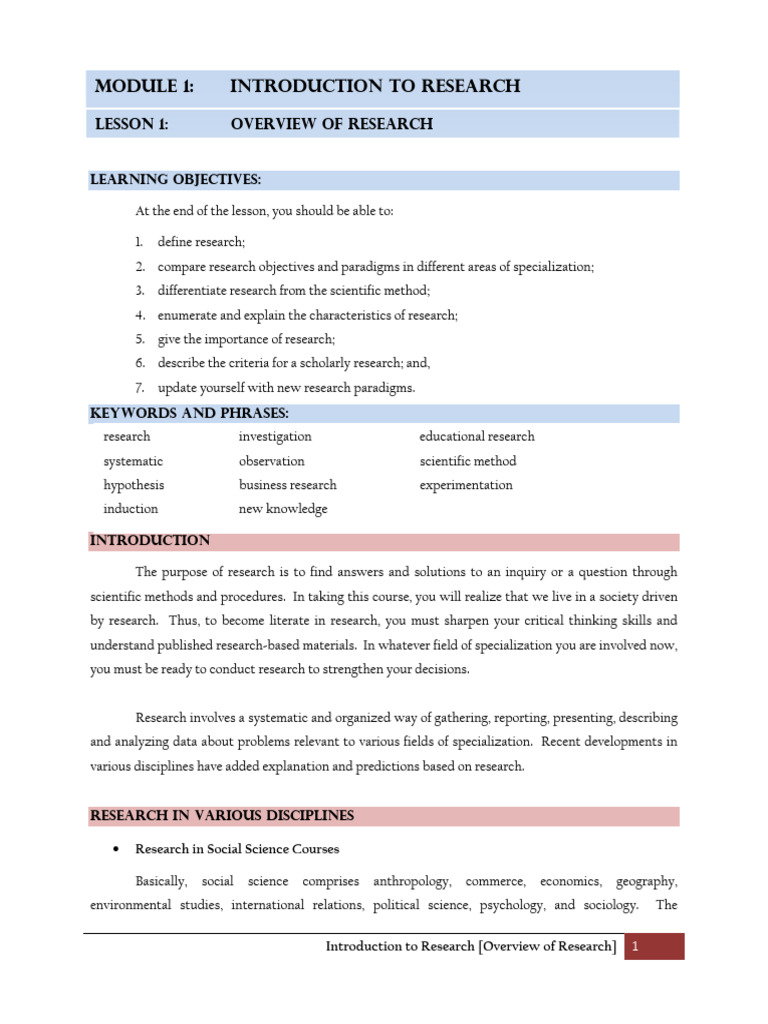 Module 1 LESSON1 - Overview of Research | PDF | Scientific Method ...