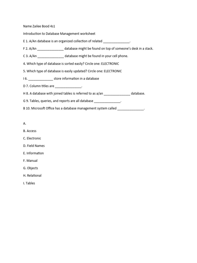 Database Management Basics Worksheet | PDF