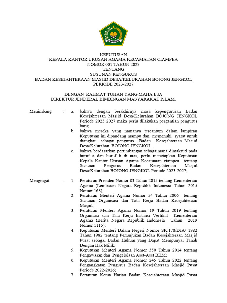Pengurus BKM Bojong Jengkol 2023-2027 | PDF