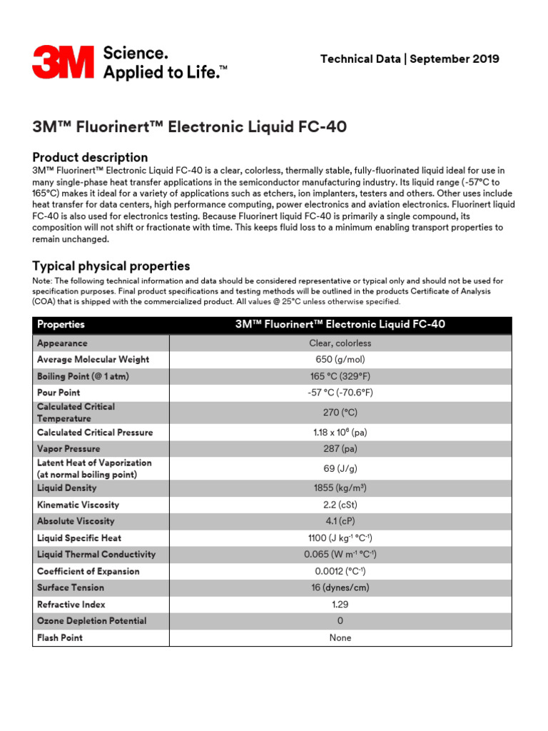 3M Fluorinert Electronic Liquid FC-40 TDS_FINAL | PDF | Liquids | Viscosity