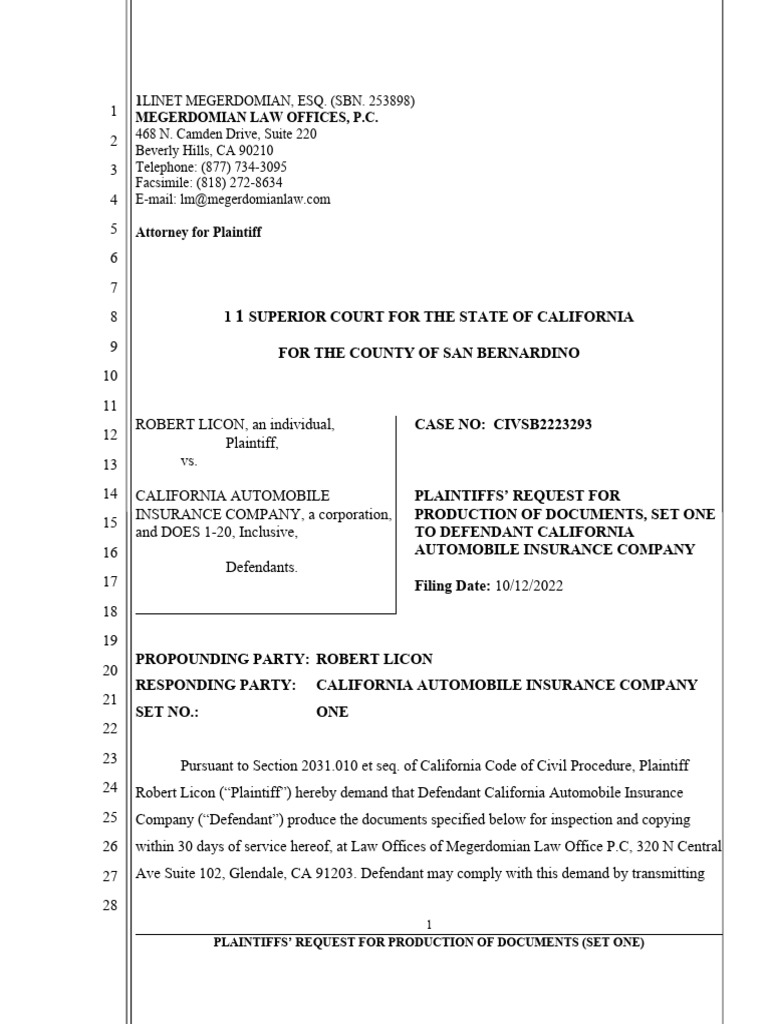 Plaintiffs' Request For Production of Documents, Set One To Defendant California Automobile ...