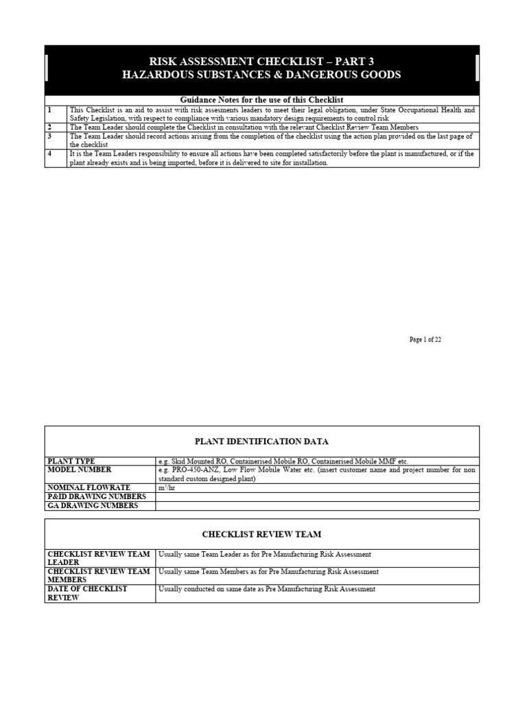 Risk Assessment Checklist - Part 3 Hazardous Substances Dangerous Goods ...