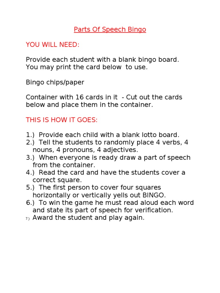 Parts of Speech Bingo Game Guide | PDF