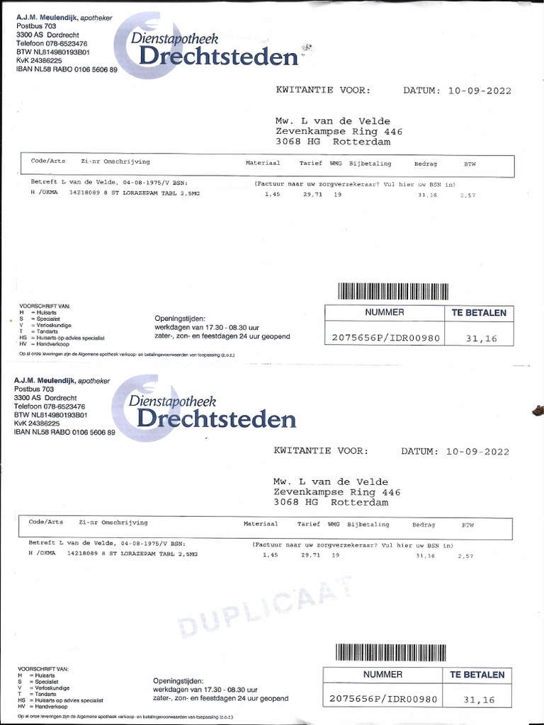 Rekening Apotheek Huisartsenpost | PDF