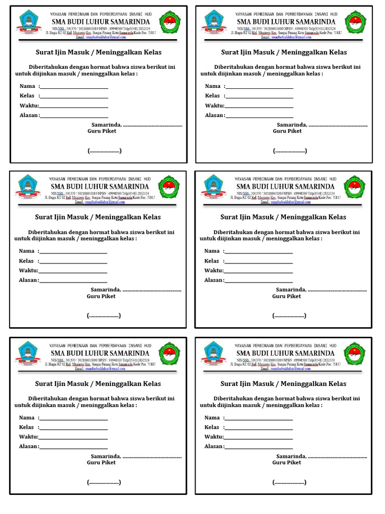 surat ijin keluar masuk kelas | PDF