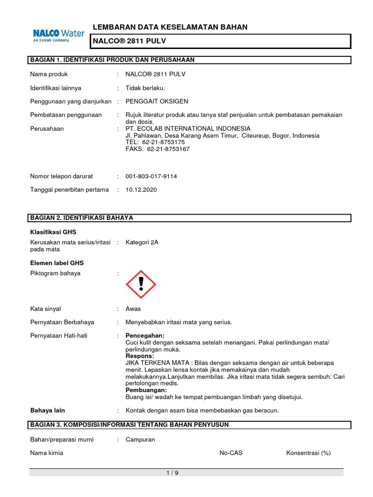 Lembaran Data Keselamatan Bahan Nalco® 2811 Pulv: Bagian 1 ...