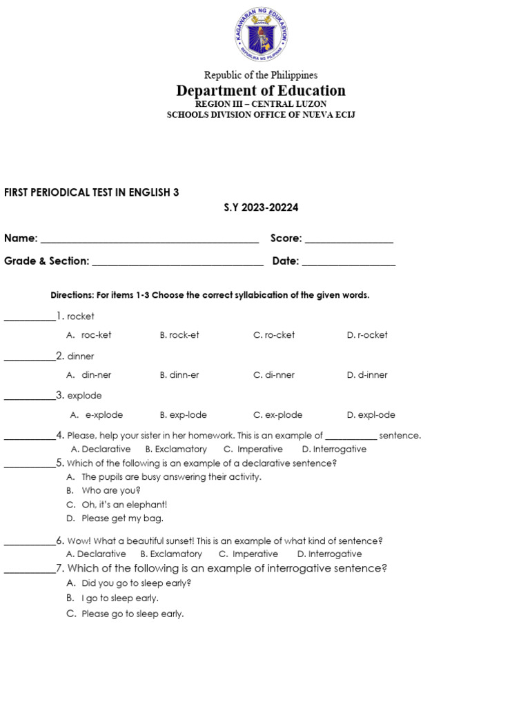 English 3_First Quarter Exam | PDF | Sentence (Linguistics) | Linguistics