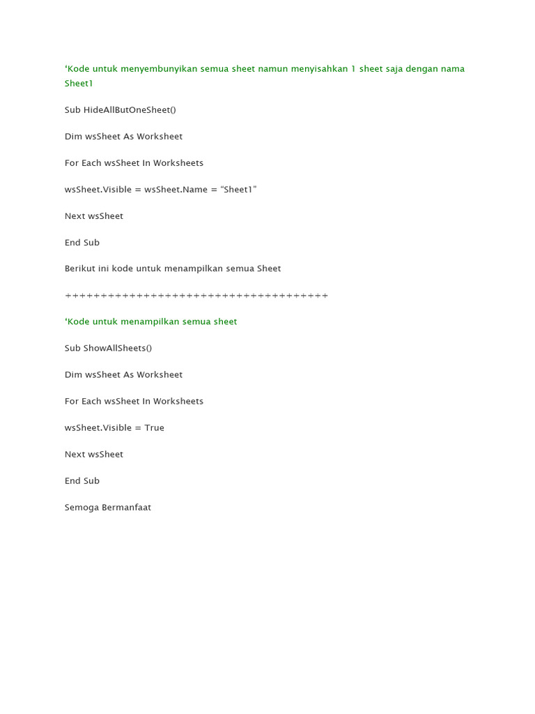 Kode Untuk Menyembunyikan Semua Sheet Namun Menyisahkan 1 Sheet Saja Dengan Nama Sheet1 | PDF