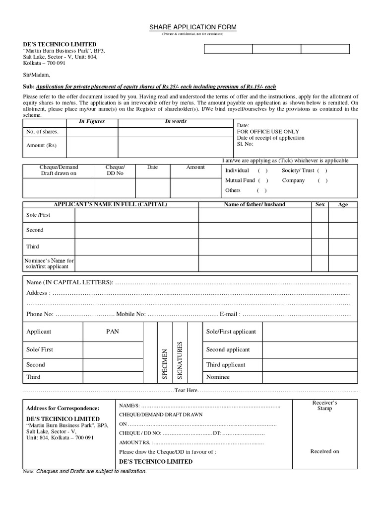 Share Application Forma in Word Format | PDF | Cheque