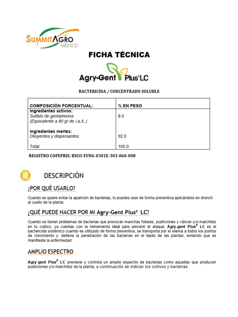 Ficha Tec Agrygent Plus LC 2020 | PDF | Las bacterias