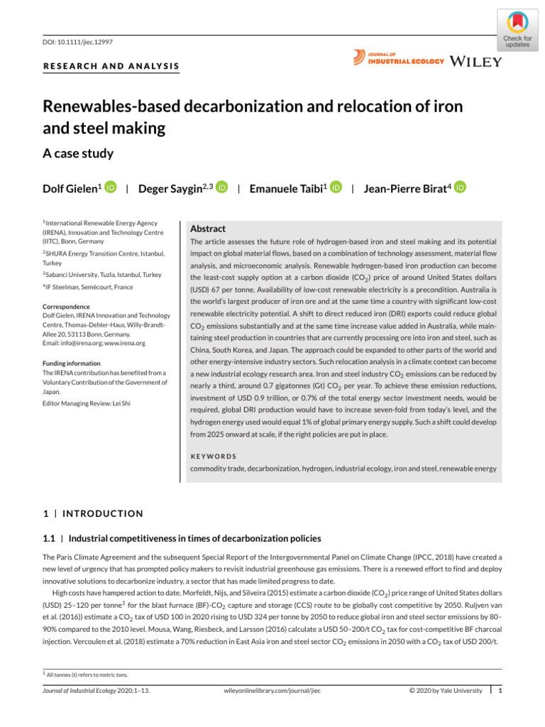 Renewables-Based Decarbonization and Relocation of Iron | PDF