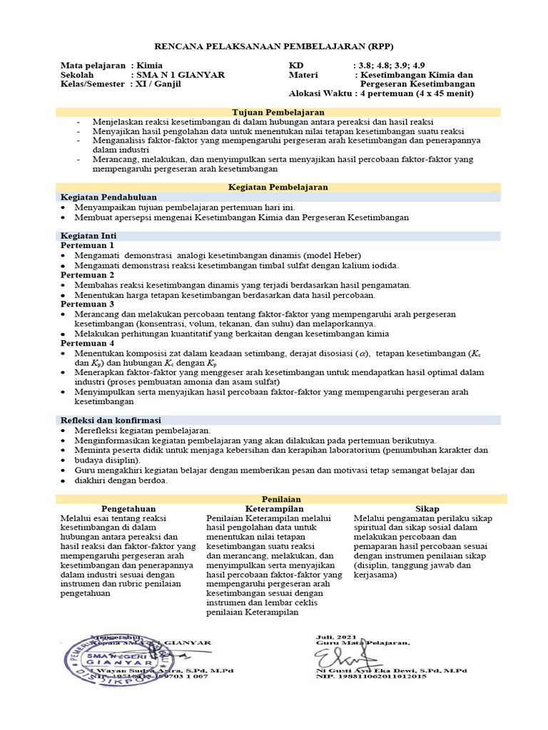 FIX RPP Kesetimbangan Kimia Dan Pergeseran Kesetimbangan | PDF