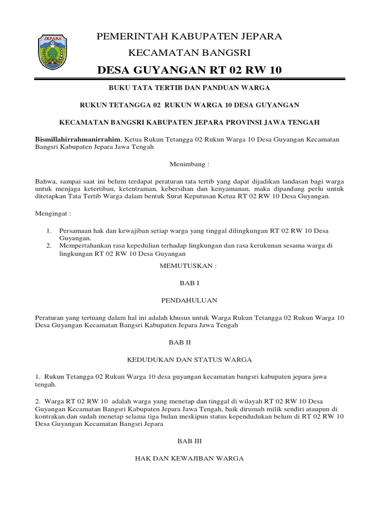 RANCANGAN TATA TERTIB WARGA RT 2 RW 10 | PDF