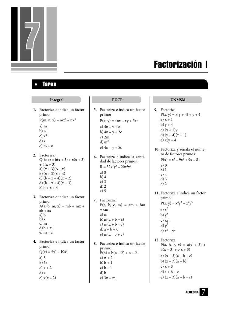 Tarea de Factorizacion I-1ero | PDF | Factorización | Matemática Elemental
