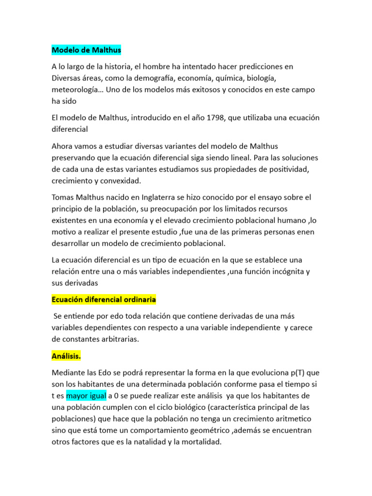 Teoría de Malthus | PDF | Ecuaciones | Ecuaciones diferenciales