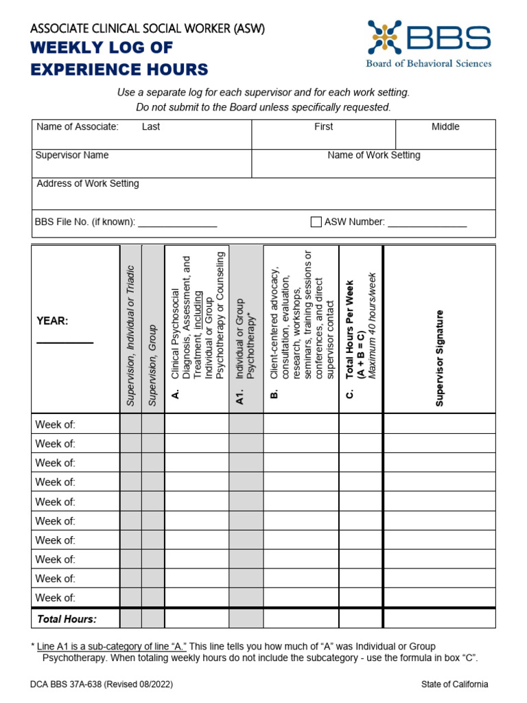 Main Form Dca Bbs37a 638 Associate Clinical Social Worker Asw Weekly ...