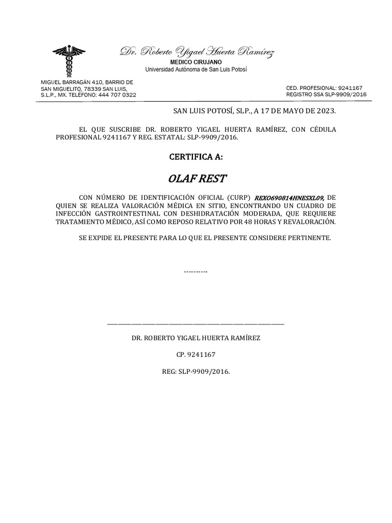 Copia de Certificado Médico - Olaf Rest | PDF
