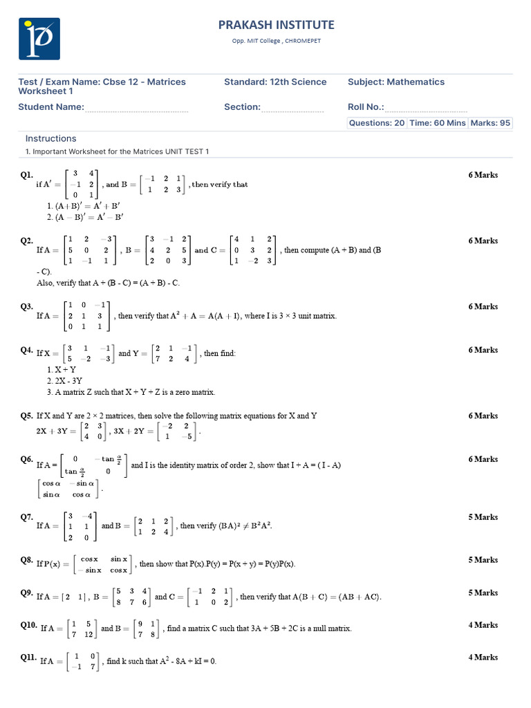 Cbse 12 - Matrices Worksheet 1 Questions | PDF | Matrix (Mathematics) | Functions And Mappings