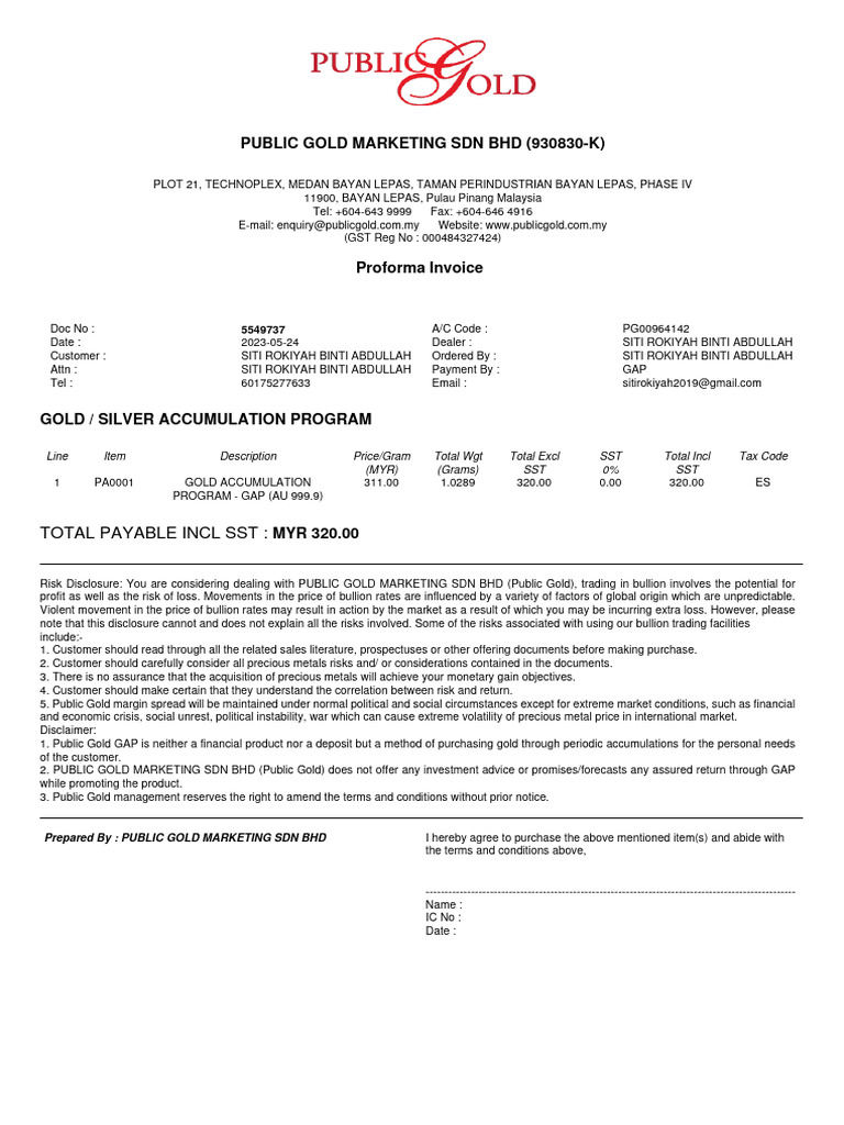 Public Gold Marketing SDN BHD (930830-K) : Total Payable Incl SST | PDF