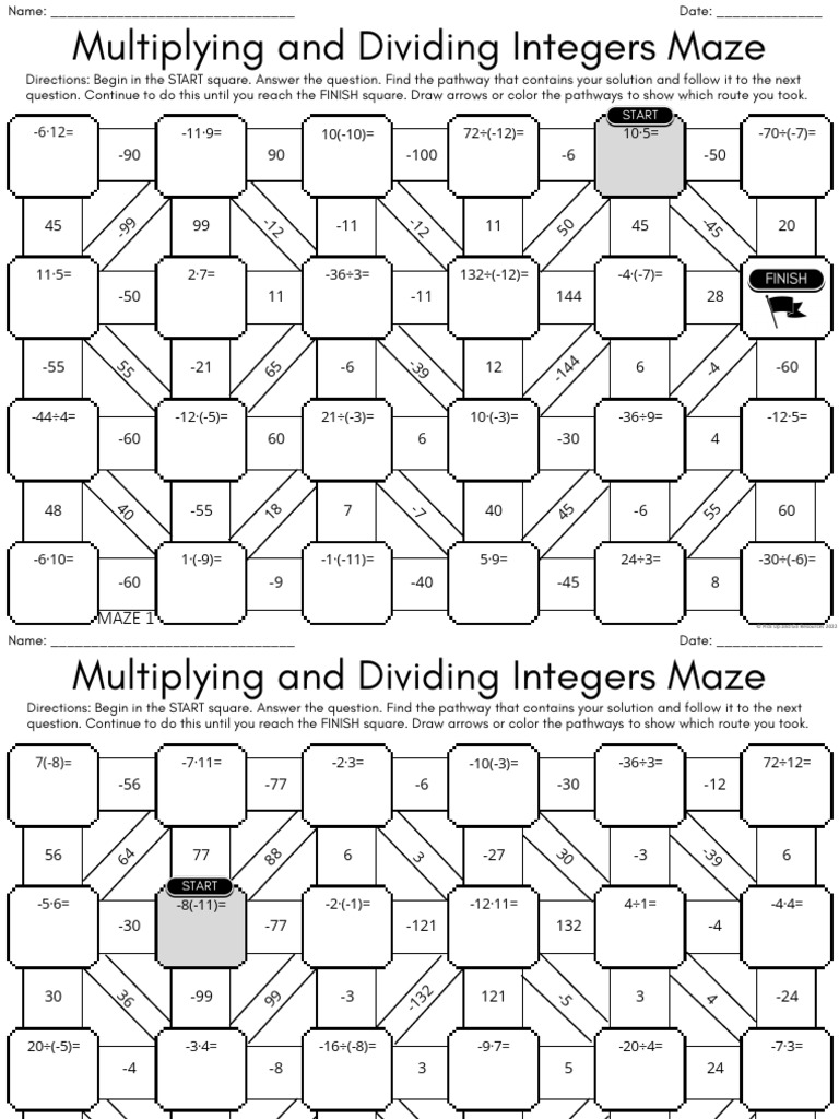 Multiplying and Dividing Integers Math Mazes | PDF | Maze | Mathematics