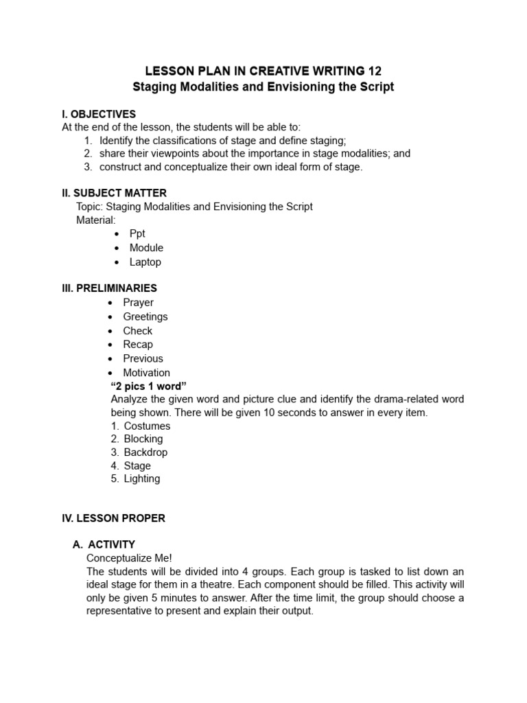 Lesson Plan On Creative Writing - Staging | PDF