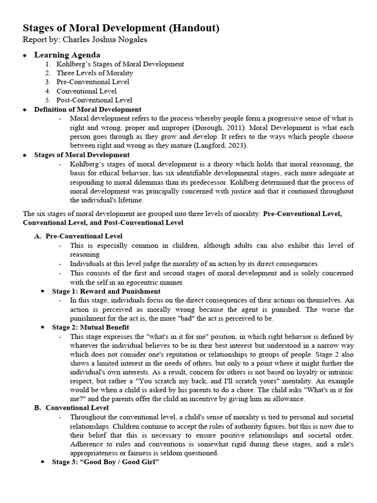 Ethics Stages of Moral Development Handout | PDF | Morality ...