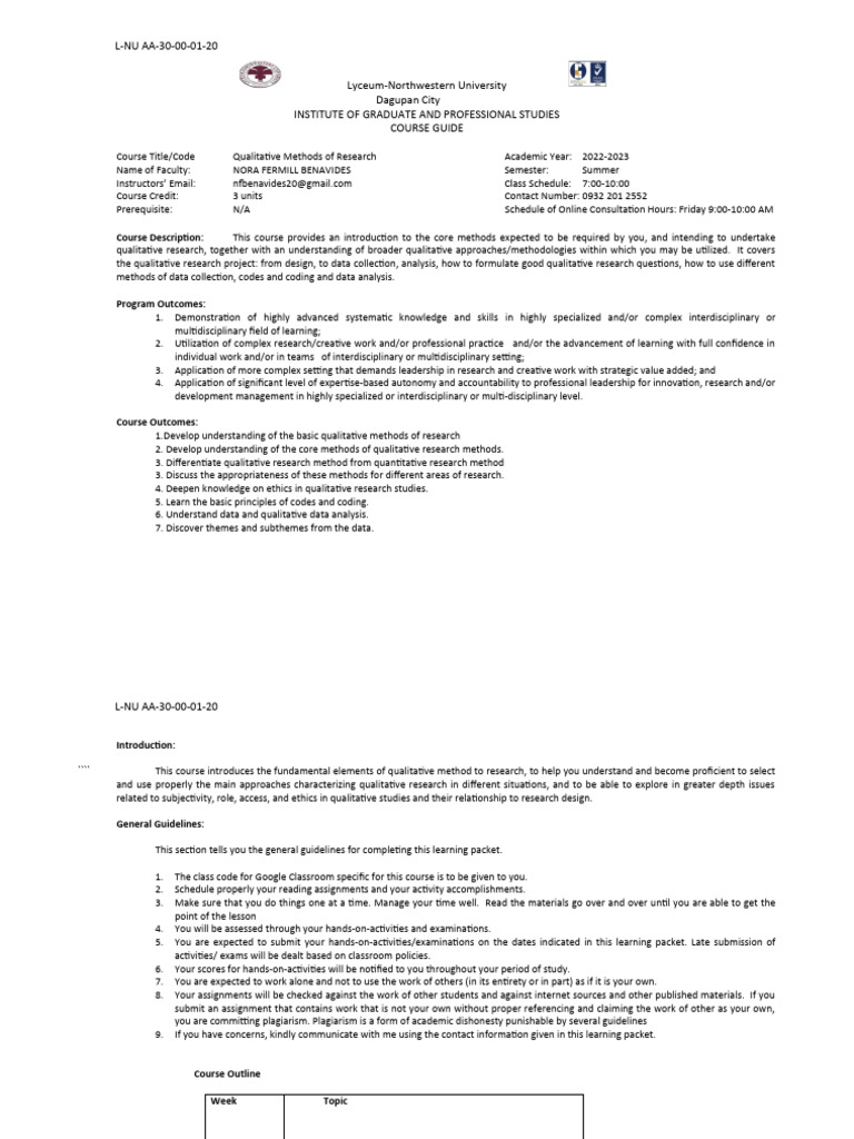 Qualitative Research Methods Course Guide | PDF | Qualitative Research ...