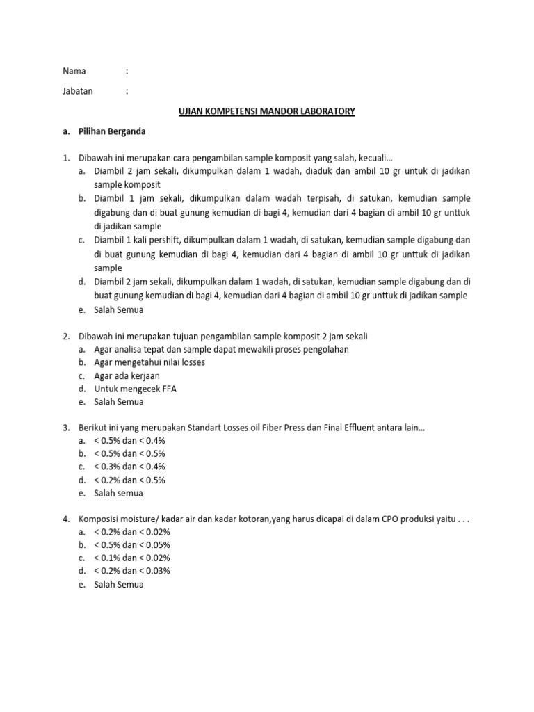 Soal Kompetensi Dasar Mandor Lab | PDF