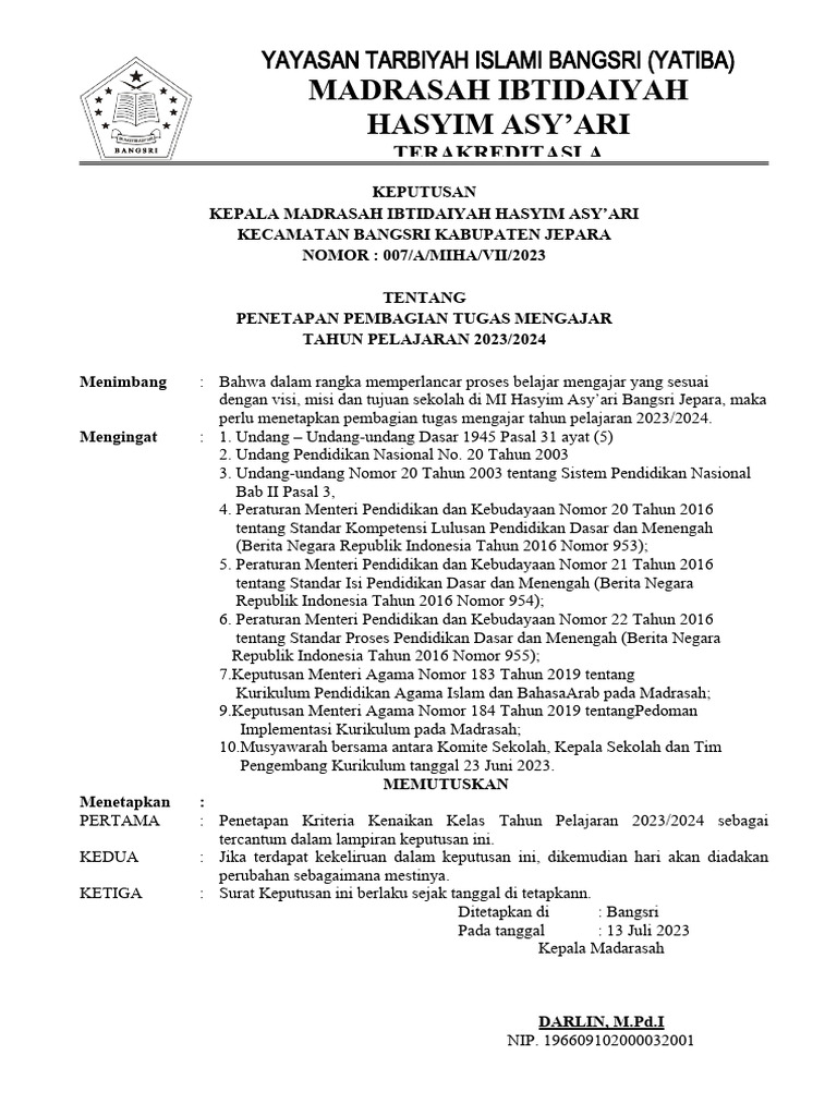 SK Pembagian Tugas 2023-2024 | PDF