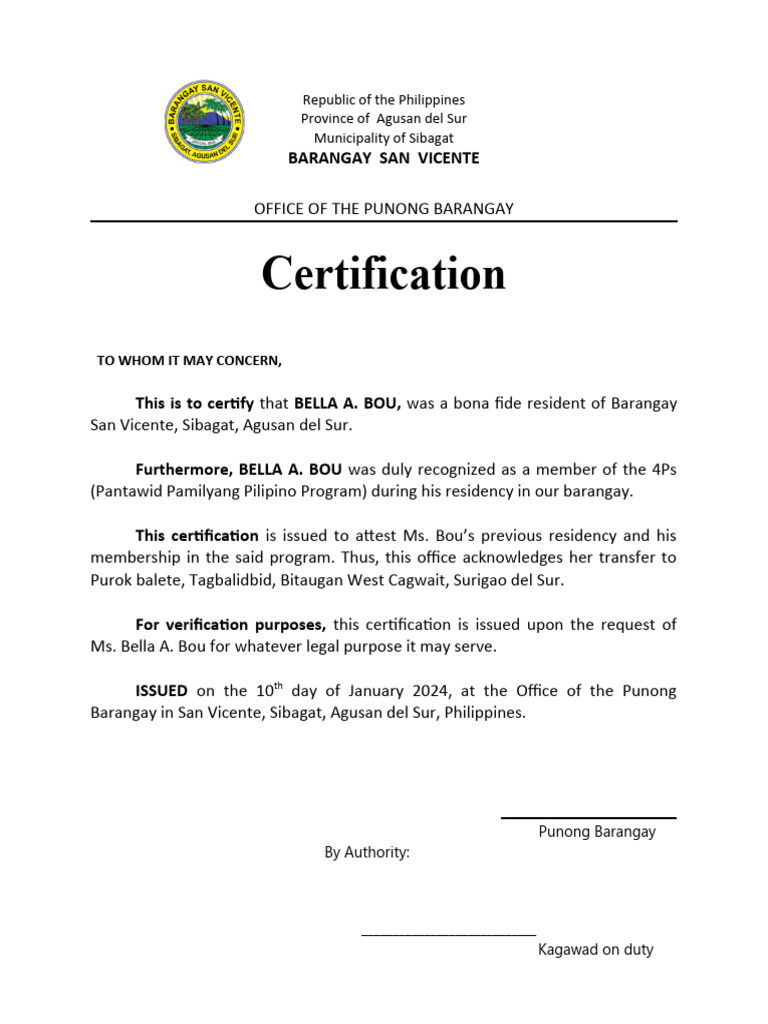 BRGY CERTIFICATION For Transfer of Residence and 4ps Membership 2 | PDF