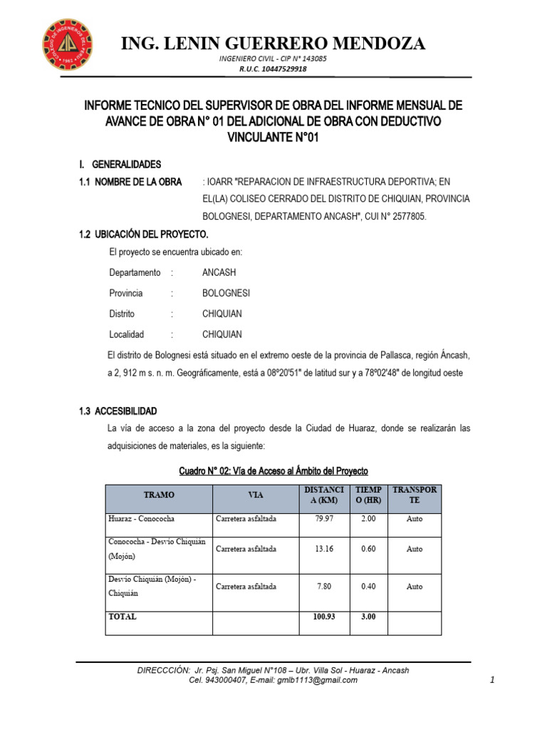 Informe Del Supervisor de Obra Del Adicional | PDF