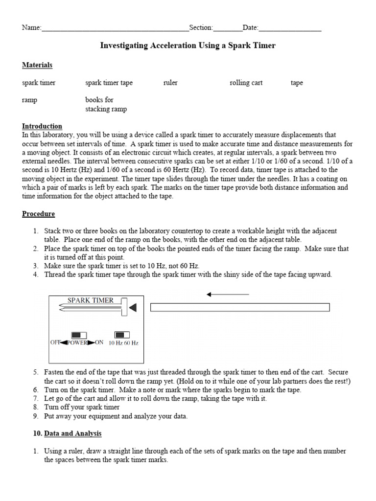 Investigating Acceleration Using A Spark Timer Lab Pdf Timer Time