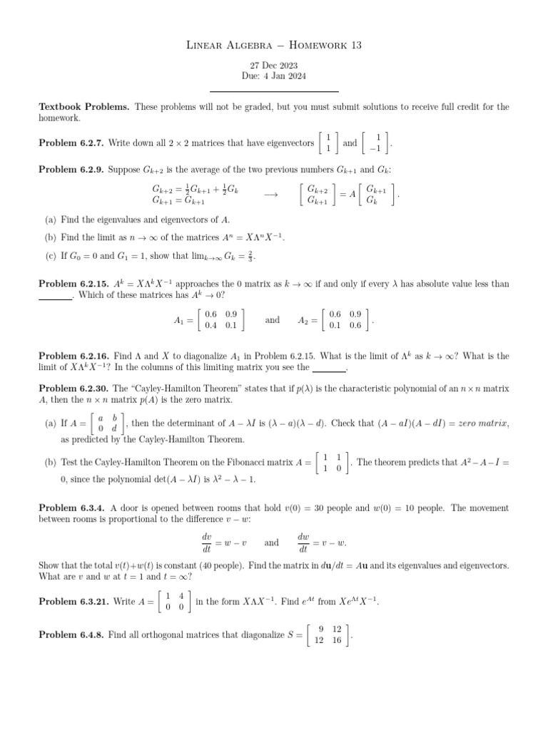 Homework 13 Pdf Eigenvalues And Eigenvectors Matrix Mathematics