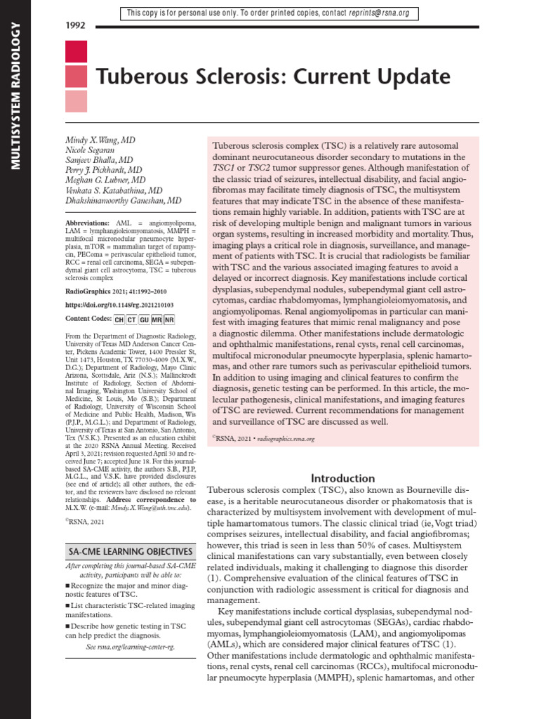 RADIOGRAPHICS ESCLEROSIS TUBEROSA | PDF | Magnetic Resonance Imaging | Epilepsy
