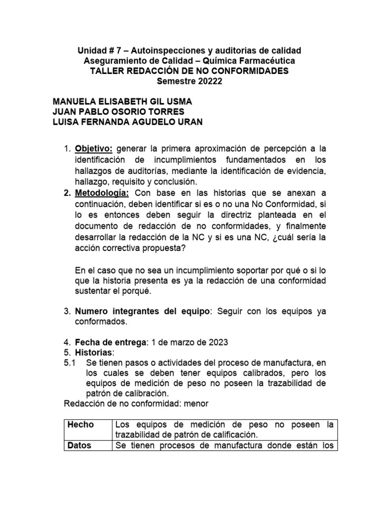 TALLER REDACCION DE NO CONFORMIDADES 15022023 Semestre 20222 | PDF