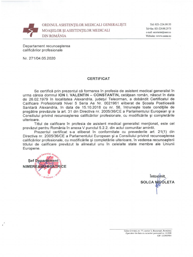Certificat Asistenti RECUNOASTERE OAMR | PDF