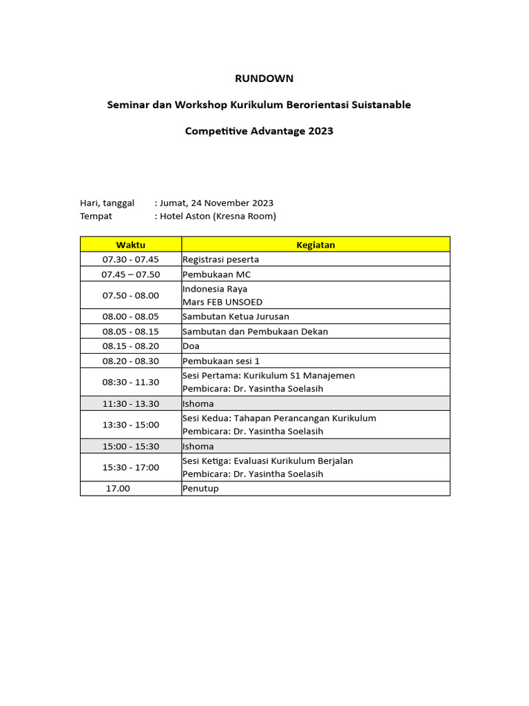 Rundown Seminar Dan Workshop Kurikulum Manajemen Berorientasi Sca 2023 | PDF