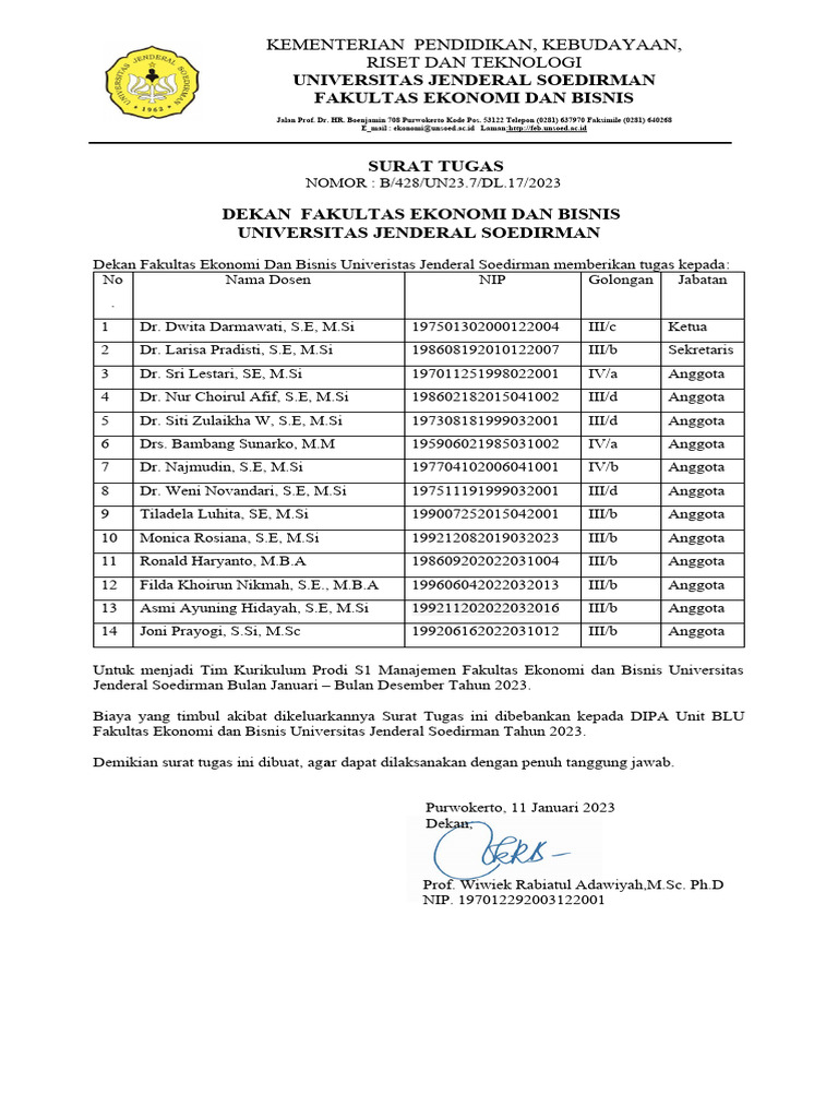 Surat Tugas Dosen FEB Unsoed 2023 | PDF