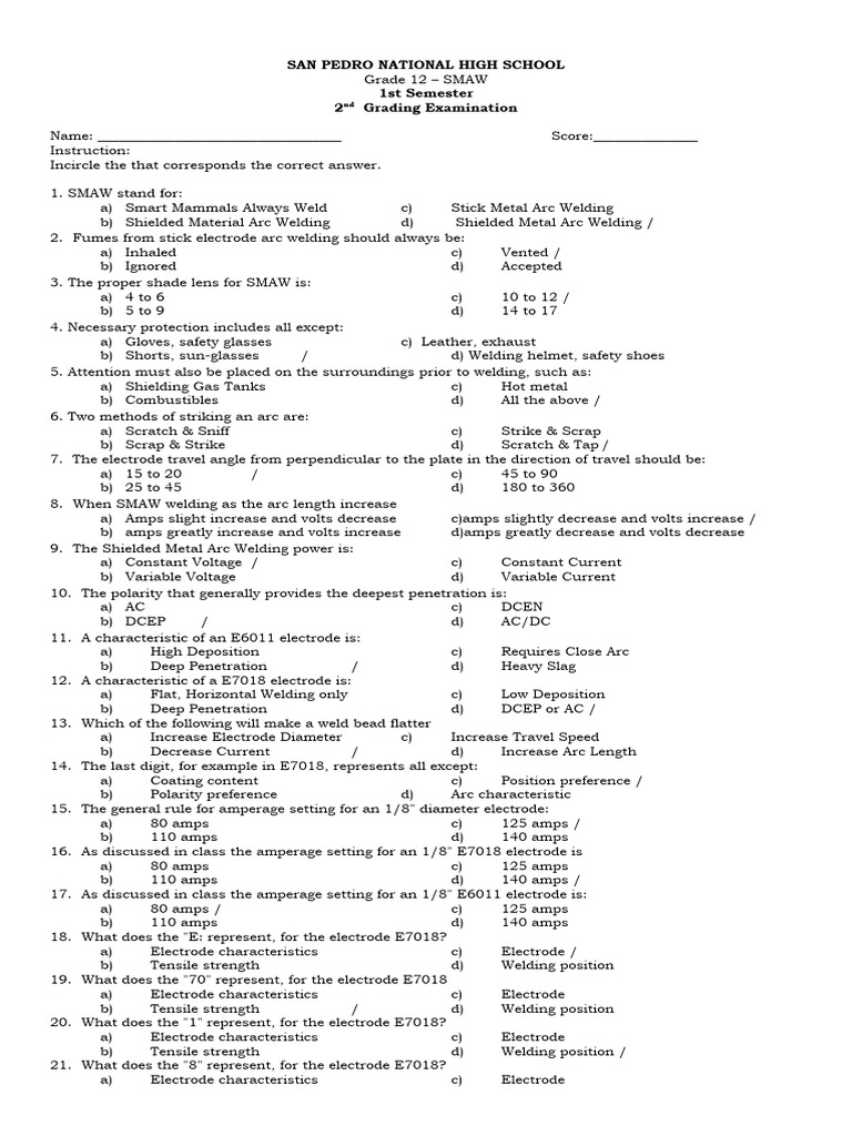 Test Question Smaw-g12-1st-Exam | PDF | Construction | Welding